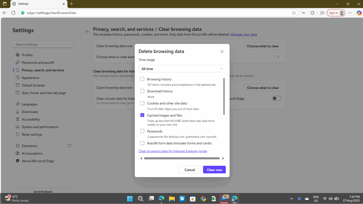 How to clear Cache in Microsoft Edge
